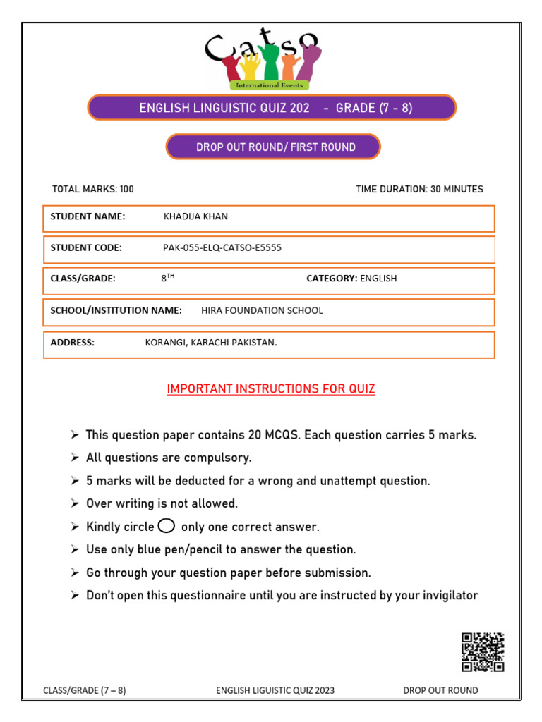 grade-7-8-sample-paper | PDF | Linguistics