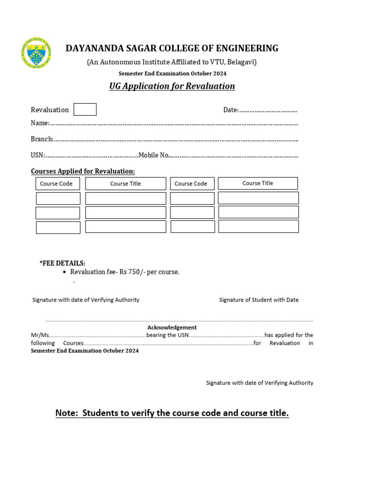 UG Revaluation Application Form 2024 | PDF