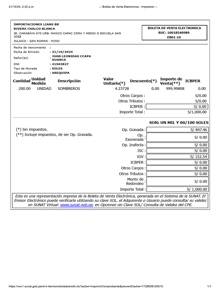 Boleta de Venta Electrónica Detallada | PDF