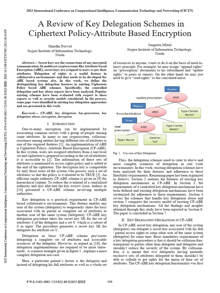 A Review of Key Delegation Schemes in Ciphertext Policy-Attribute Based Encryption | PDF ...