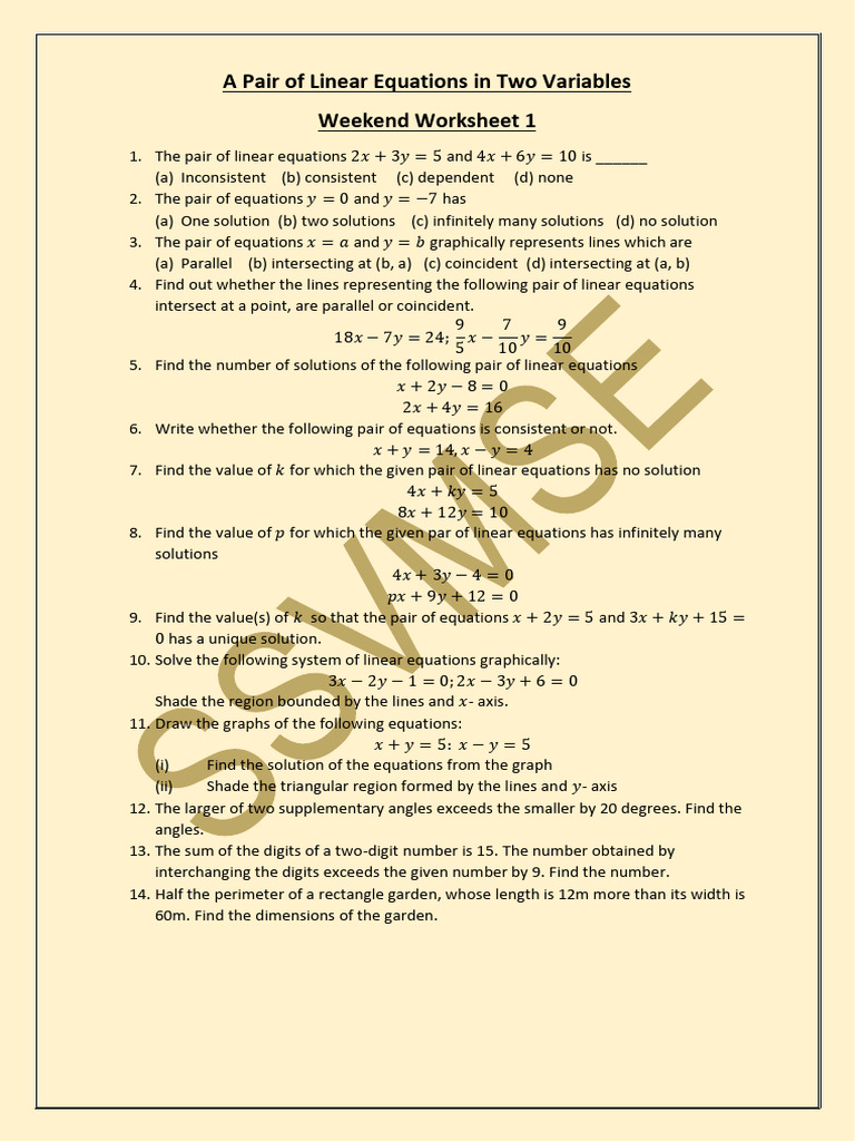 Linear Equations Ws | PDF | System Of Linear Equations | Equations