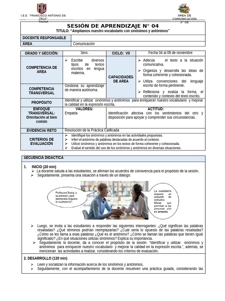 SESIÓN N° 4- Sinónimos- Antónimos | PDF | Evaluación | Aprendizaje