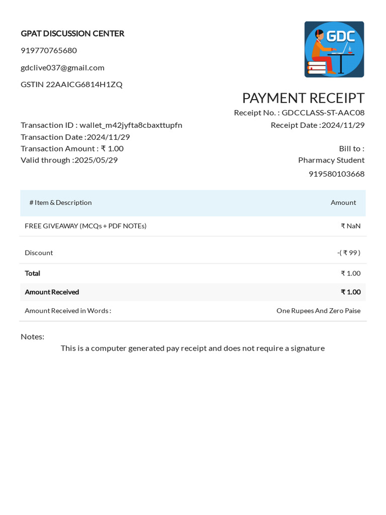 GPAT Discussion Center Payment Receipt | PDF