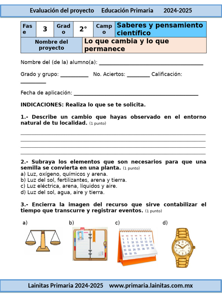2do Grado Noviembre - Examen 02 Lo Que Cambia y Lo Que Permanece (2024-2025) | PDF | Hora ...
