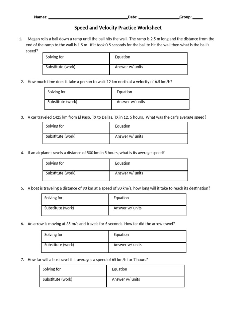 Speed and Velocity Group Worksheet | PDF | Speed | Temporal Rates