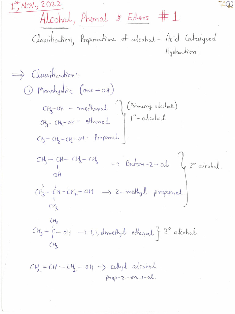 Alcohols, Phenols and Ethers Notes | PDF