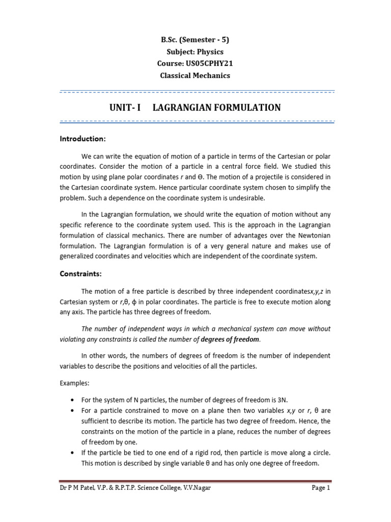 US05CPHY21 Unit1 | PDF | Lagrangian Mechanics | Momentum