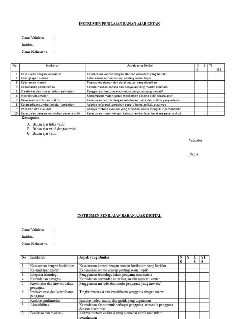 Instrumen Penilaian Bahan Ajar | PDF