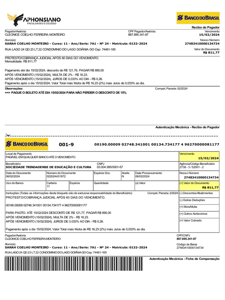 Recibo de Mensalidade Escolar 2024 | PDF | Bancos | Pagamentos