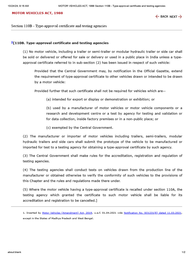 MOTOR VEHICLES ACT, 1988 Section 110B - Type-approval | PDF | Vehicles