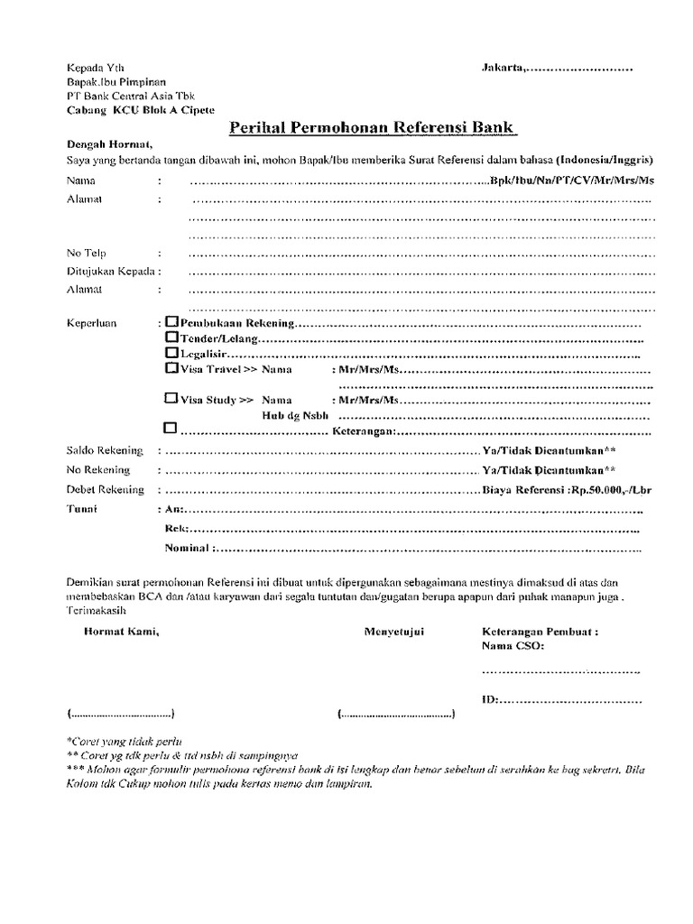 Form Permohonan Referensi Bank Bca | PDF