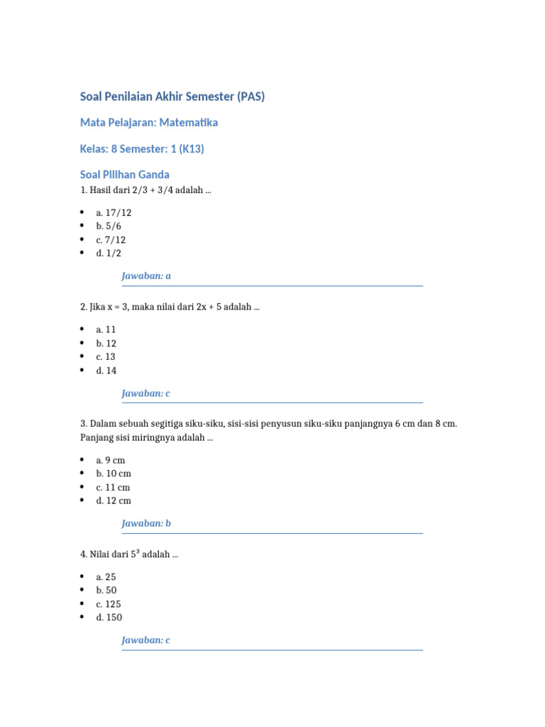 Soal_PAS_Matematika_Kelas_8_Semester_1 | PDF