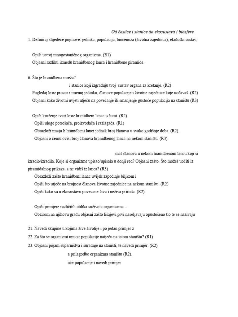 Pitanja Za Ponavljanje - Ustroj Zivog Svijeta | PDF