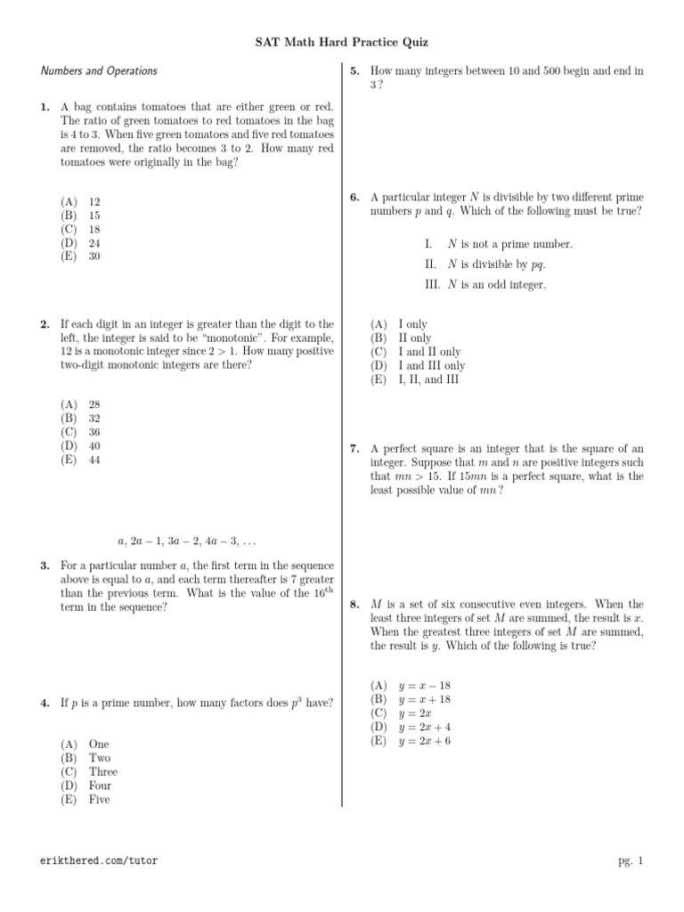 sat-math-hard-practice-quiz | PDF | Numbers | Integer