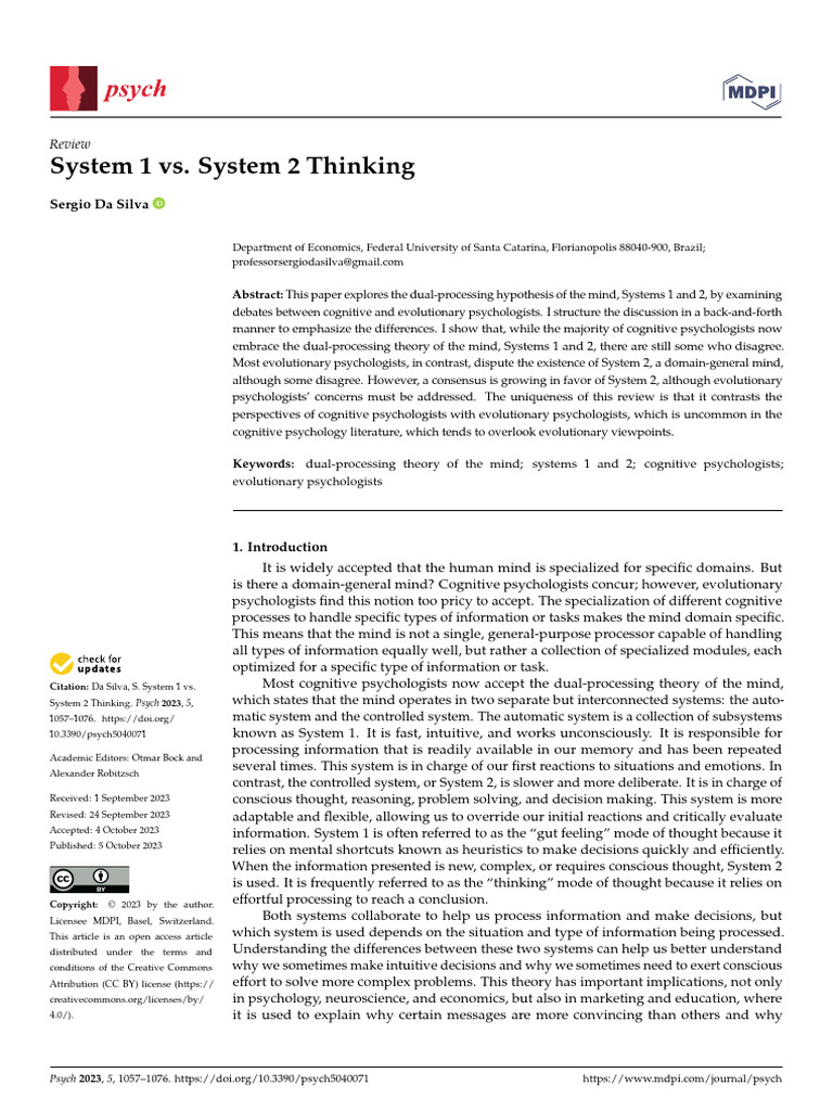 System 1 Vs System 2 Thinking | PDF | Thought | Mind