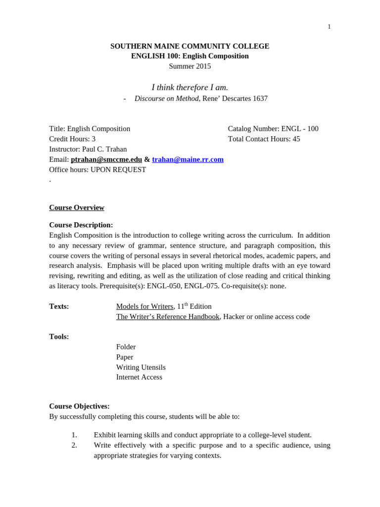 English 100 Syllabus Overview | PDF | Critical Thinking | Part Of Speech