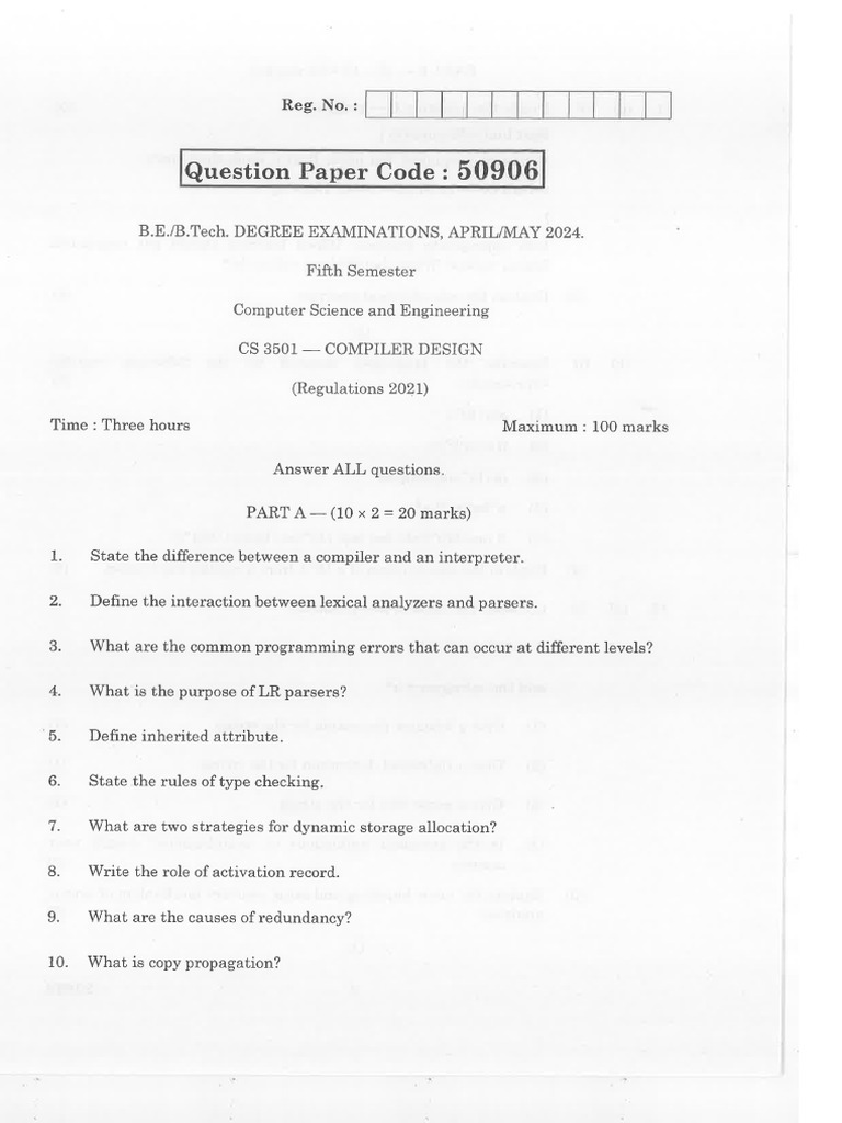 Compiler Design - CS3501 2021 Regulation - Question Paper 2024 April ...
