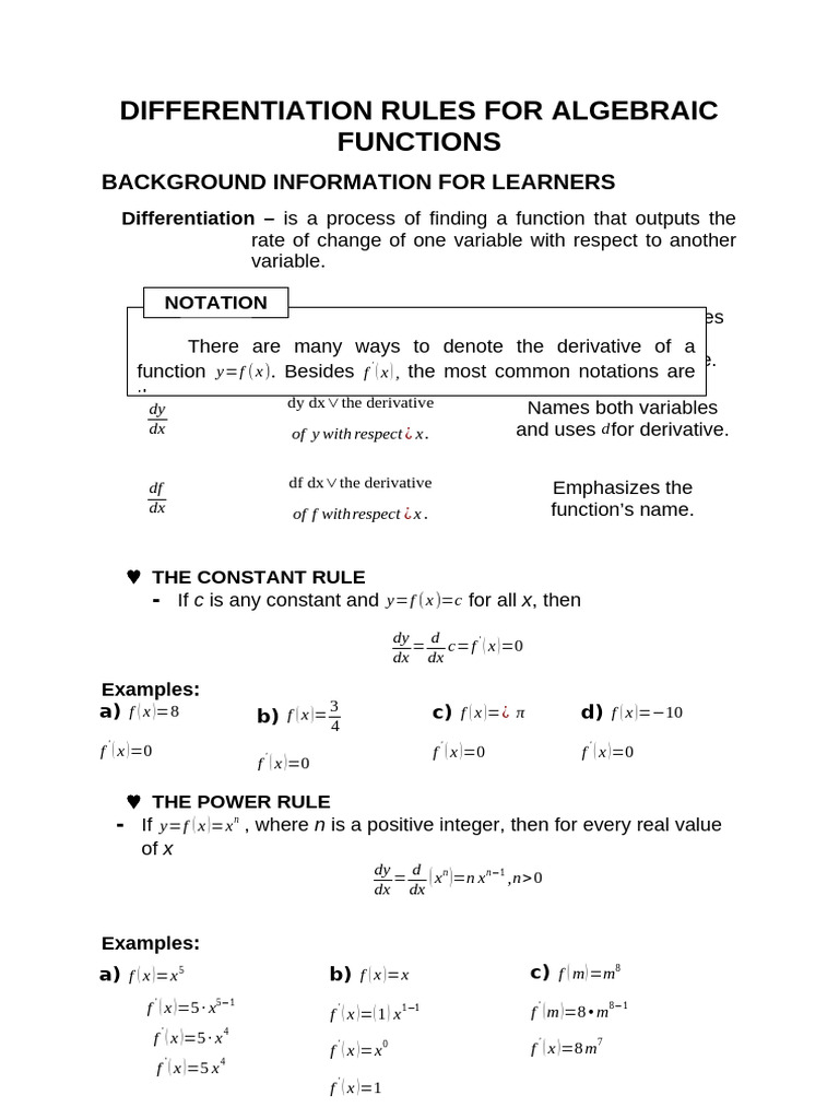 Differentiation Rules For Algebraic Functions | PDF | Derivative | Function (Mathematics)