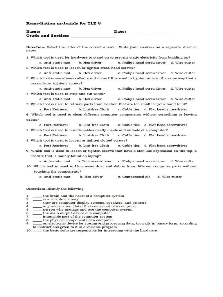 Remediation Materials For TLE 8 | PDF | Computer Hardware | Screw