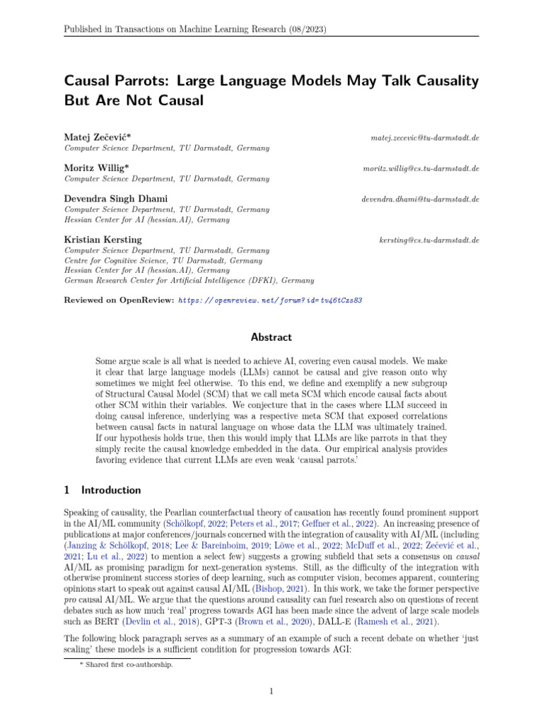 Causal Parrots - Large Language Models May Talk Causality But Are Not Causal | PDF | Causality ...