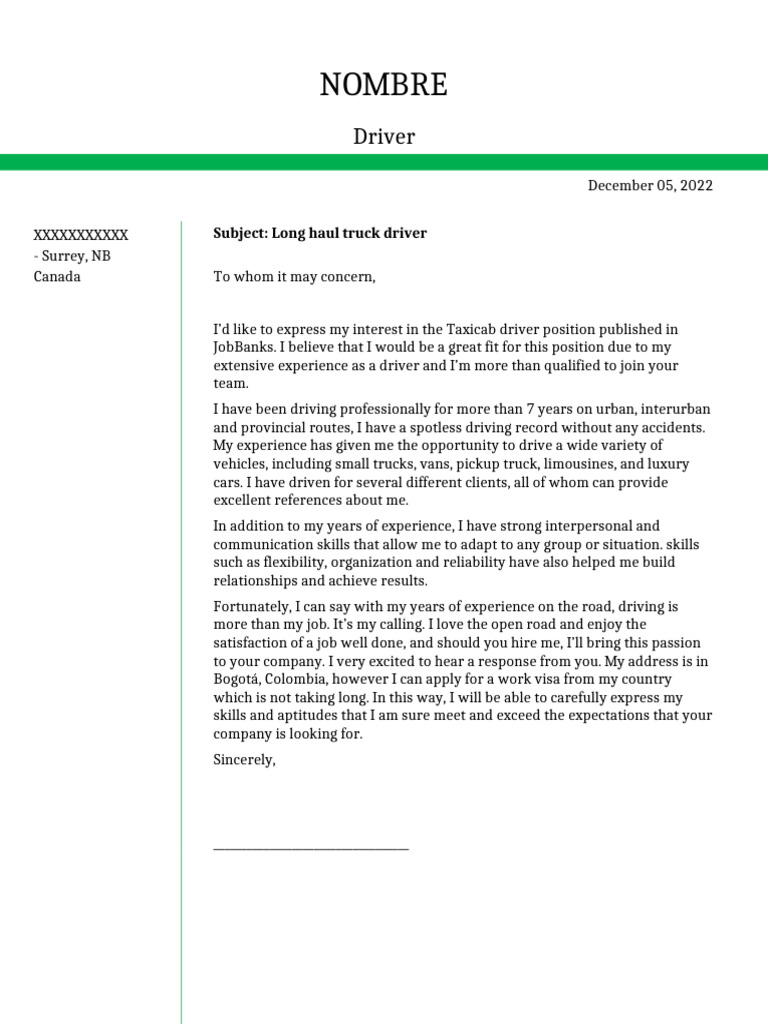 Taxicab Driver Application Letter | PDF