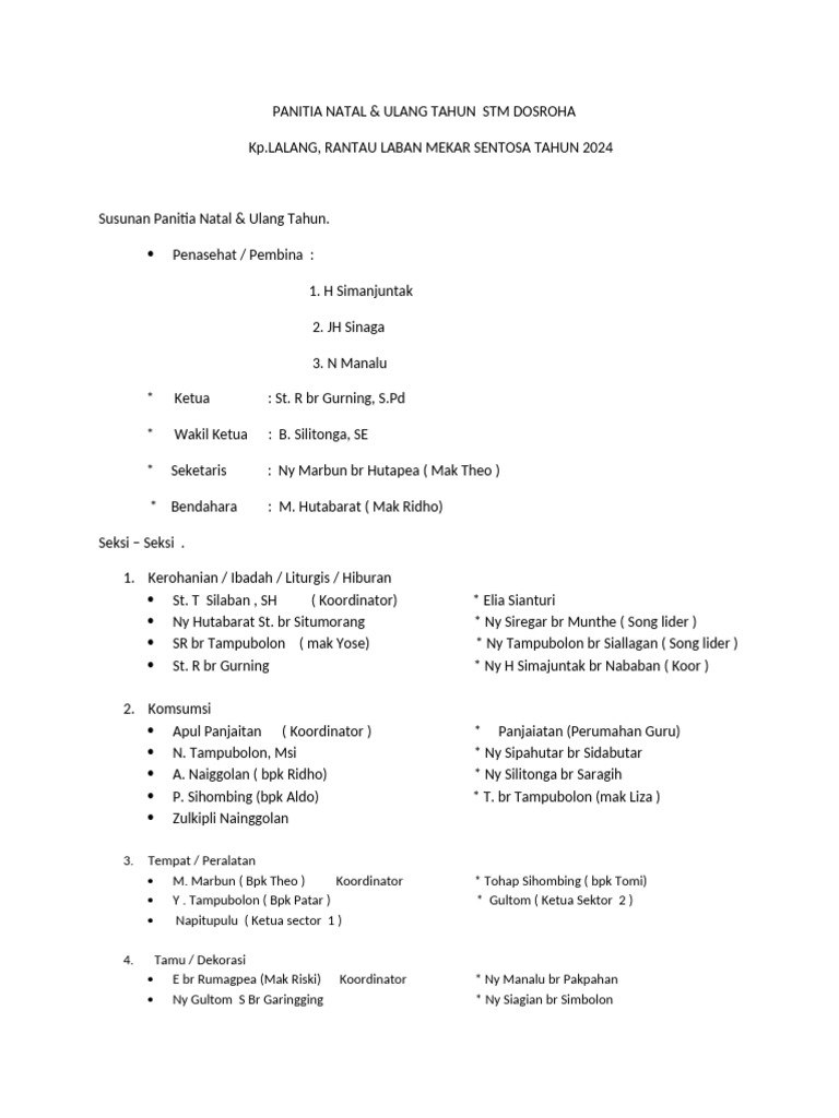 Susunan Panitia Natal STM Dosroha | PDF