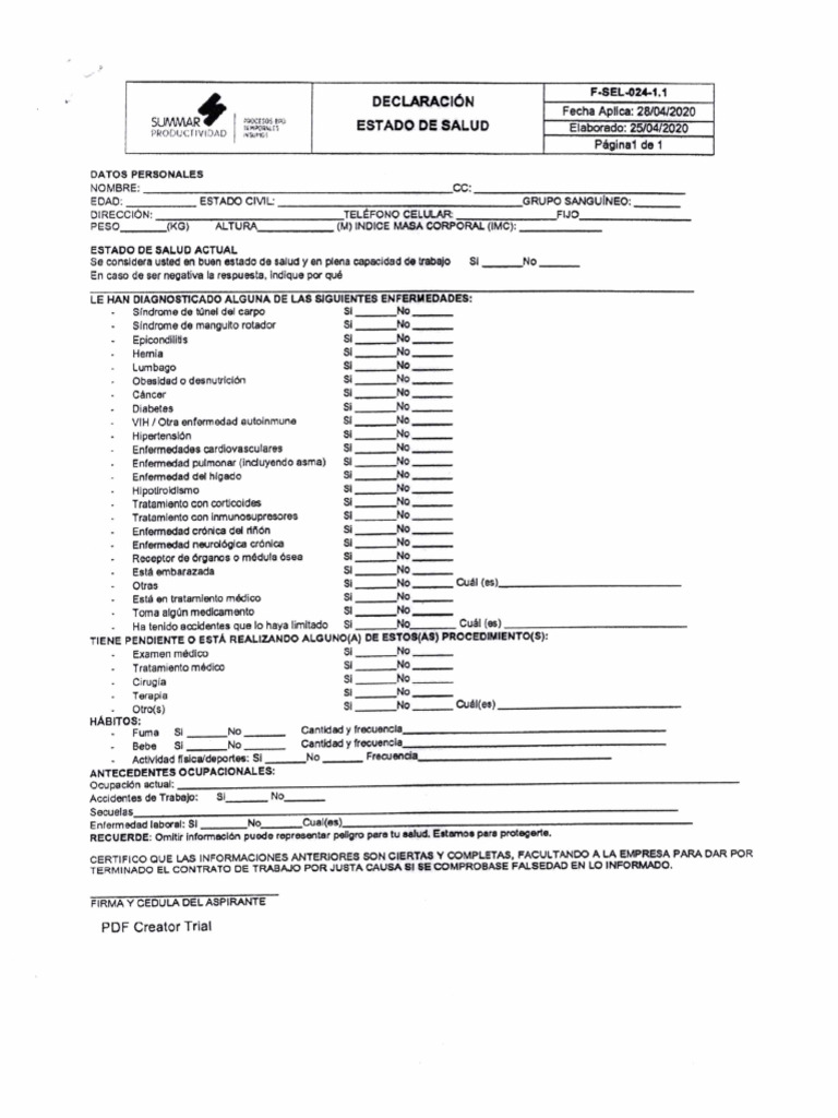Declaracion de Salud | PDF