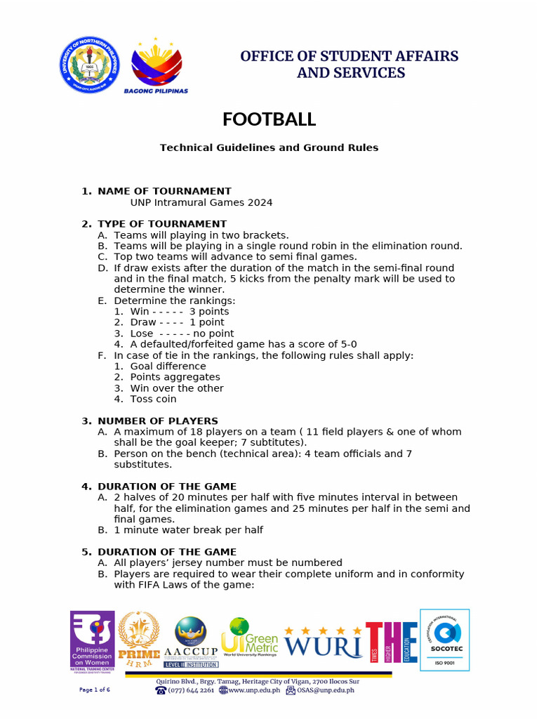 Football Technical Guidelines and Ground Rules and Schedule | PDF ...