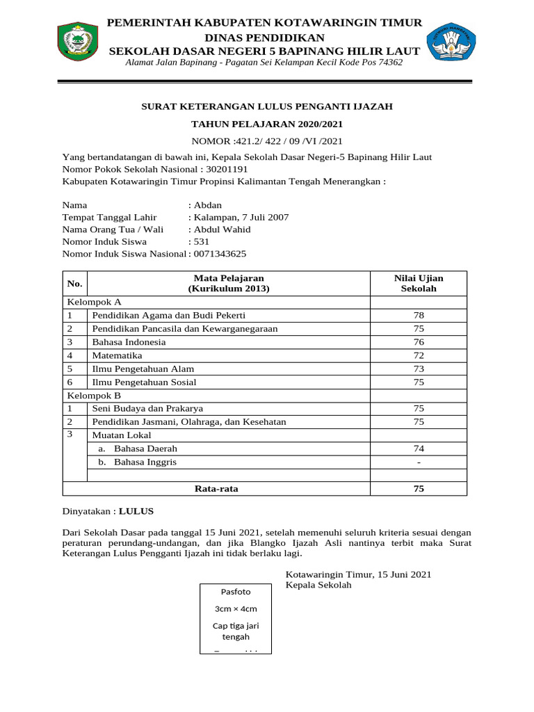 Surat Keterangan Pengganti Izasah SD 5 BHL 2021 | PDF