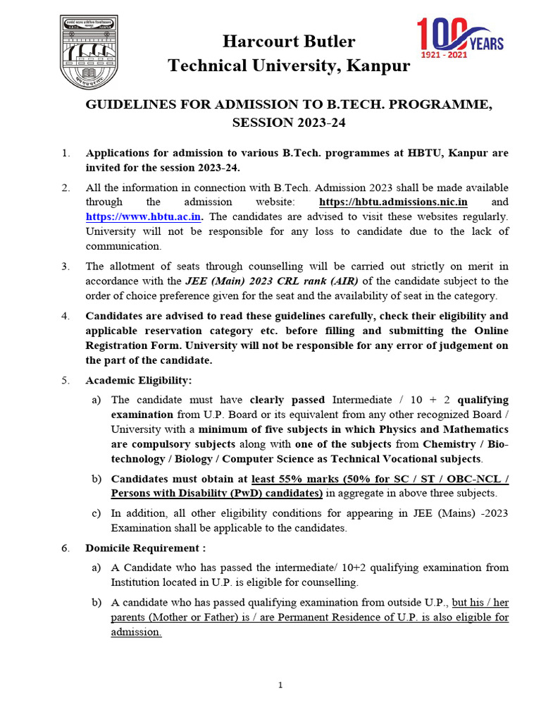 HBTU B.Tech Admission Guidelines 2023-24 | PDF | University And College ...