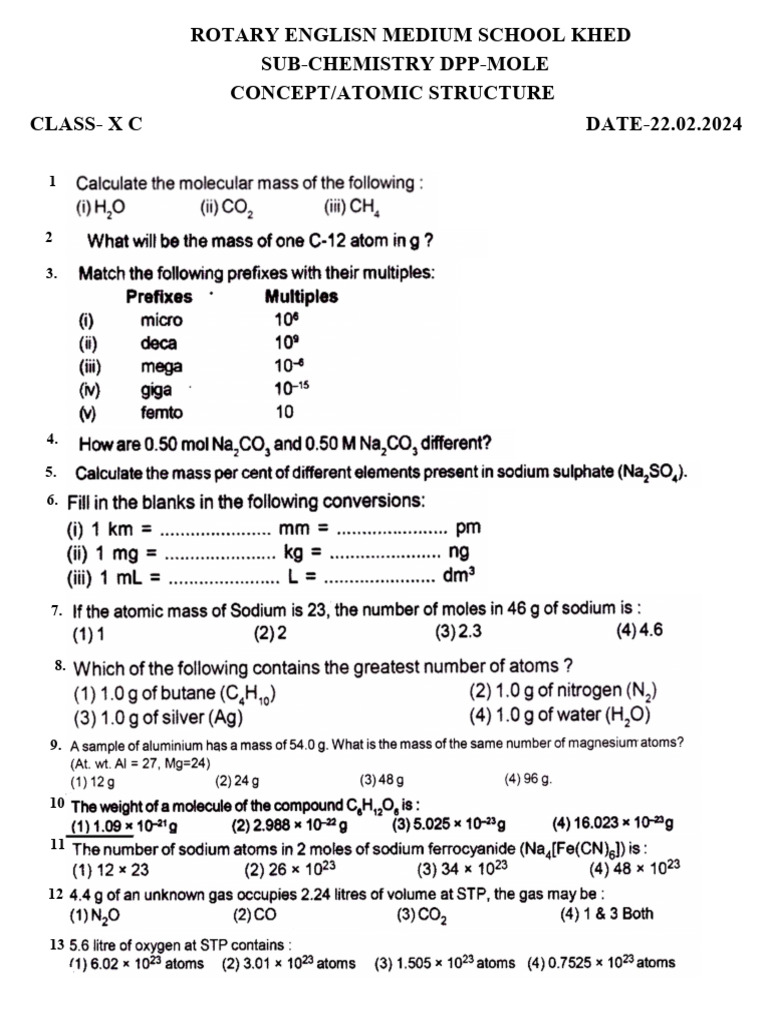 mole concept & Atomic Structure dpp | PDF