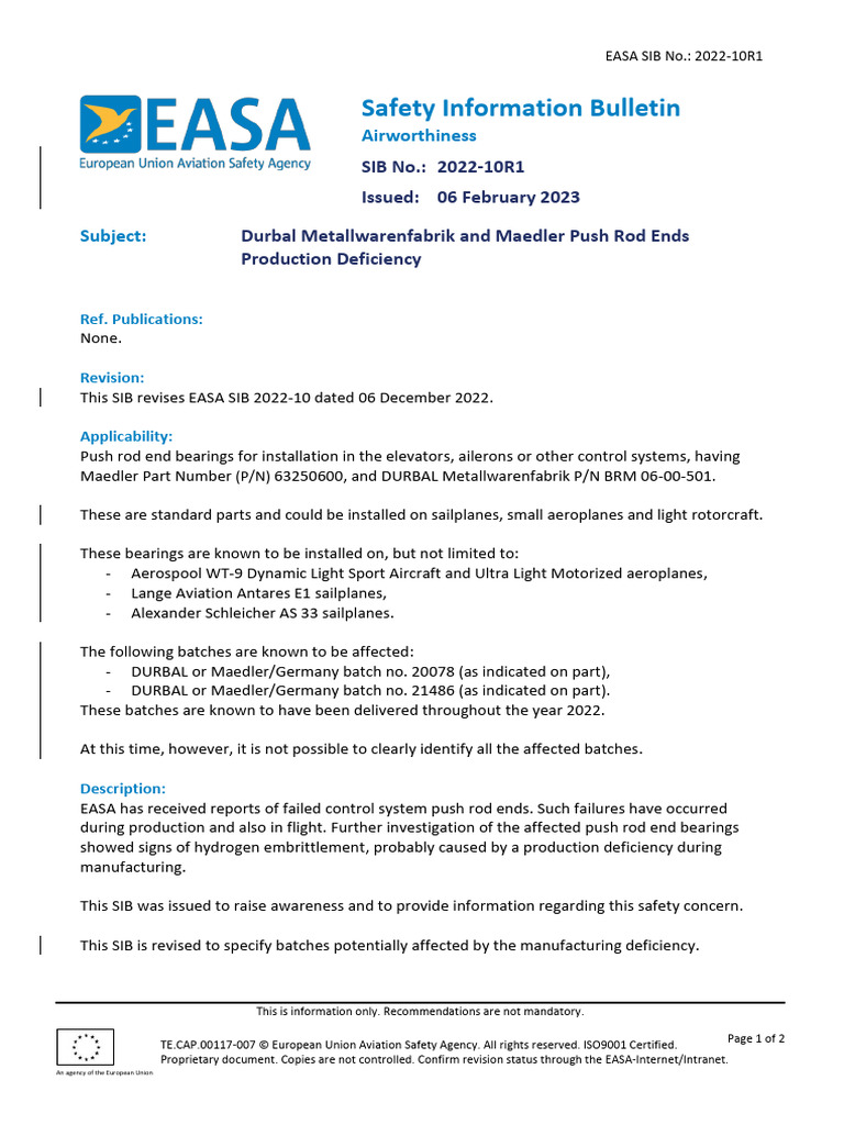 EASA_SIB_2022-10R1_1 | PDF | Aviation | Aircraft