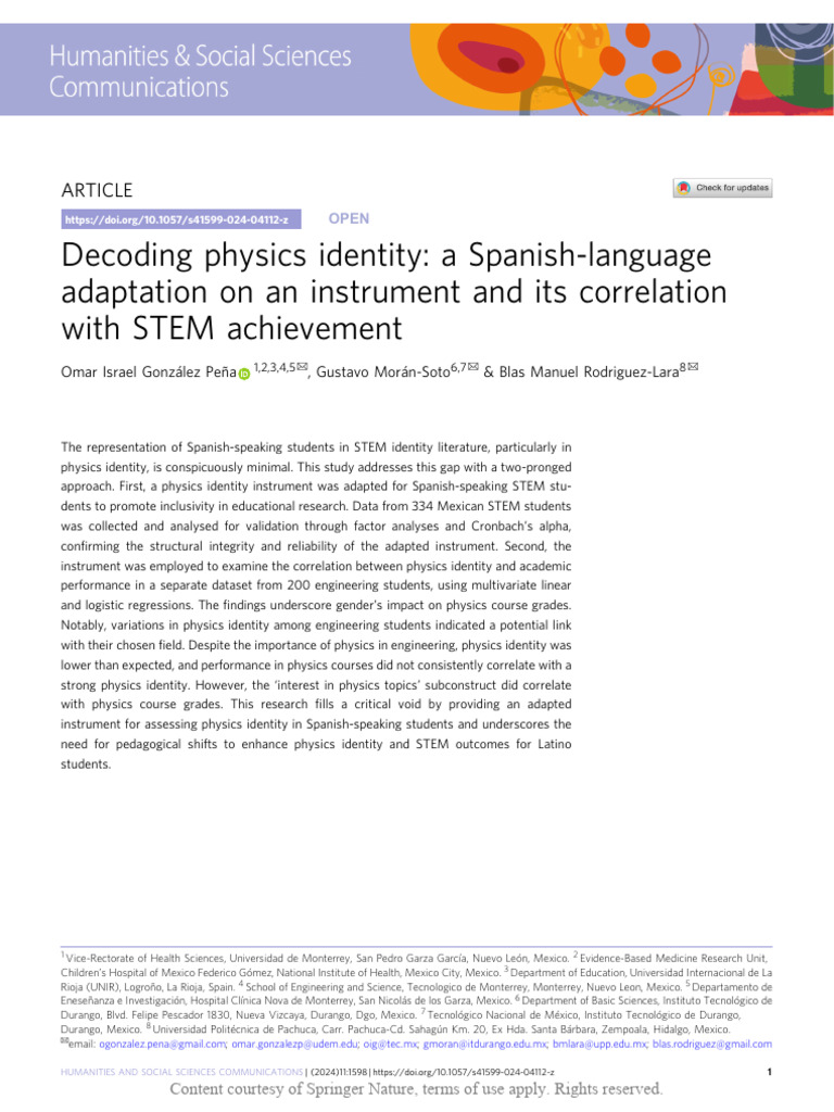 Decoding Physics Identity A Spanish-Language Adapt | PDF | Factor ...