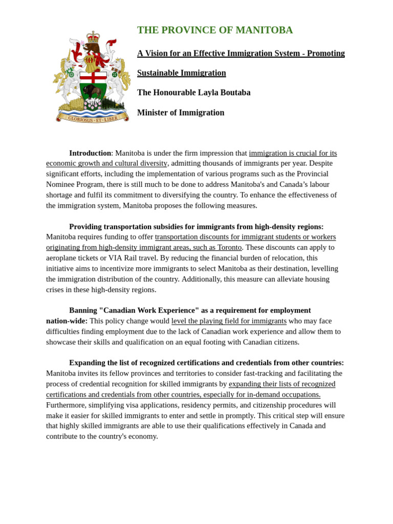 Manitoba Ministry of Immigration Position Paper | PDF
