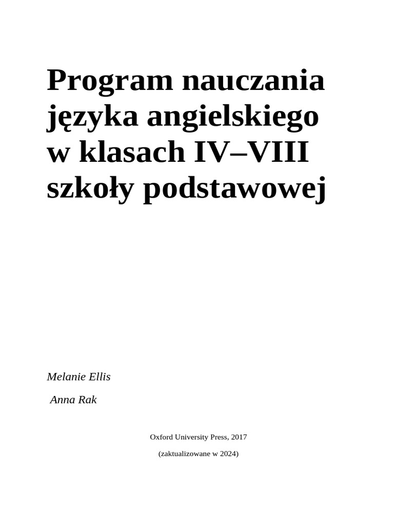 Program Nauczania Jezyka Angielskiego W Klasach IV-VIII Szkoly ...