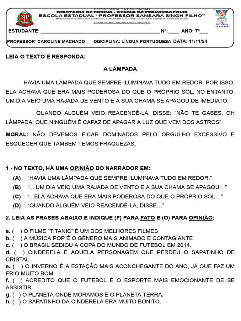 Atividade Adaptada Fato e Opinião 11-11 | PDF