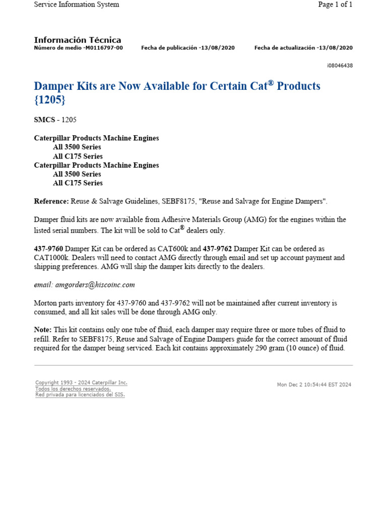 Damper Kits Are Now Available For Certain Cat® Products (1205) | PDF