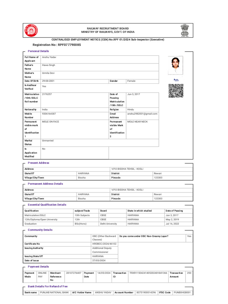 RRB Sub-Inspector Application Details | PDF