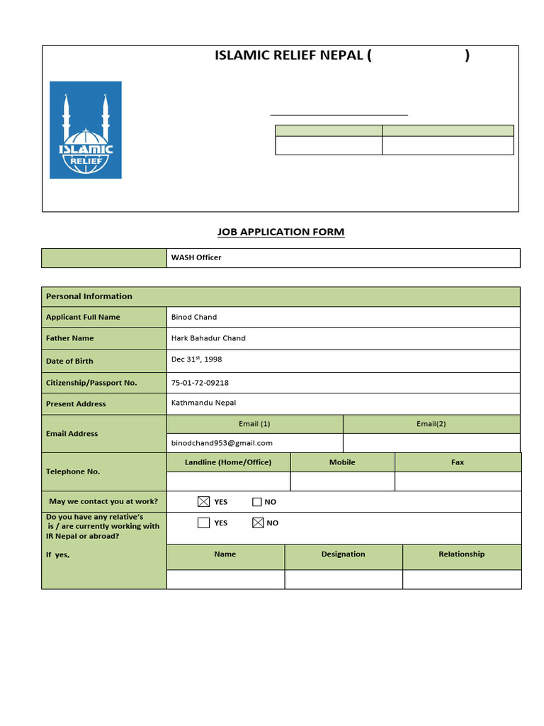 Job Application Form Islamic Relief - Binod Chand | PDF | Fluency ...