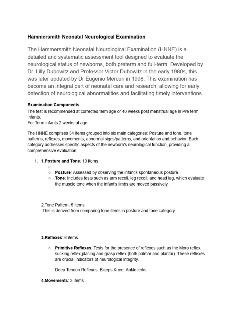 Hammersmith Neonatal Neurological Examination | PDF | Prenatal ...