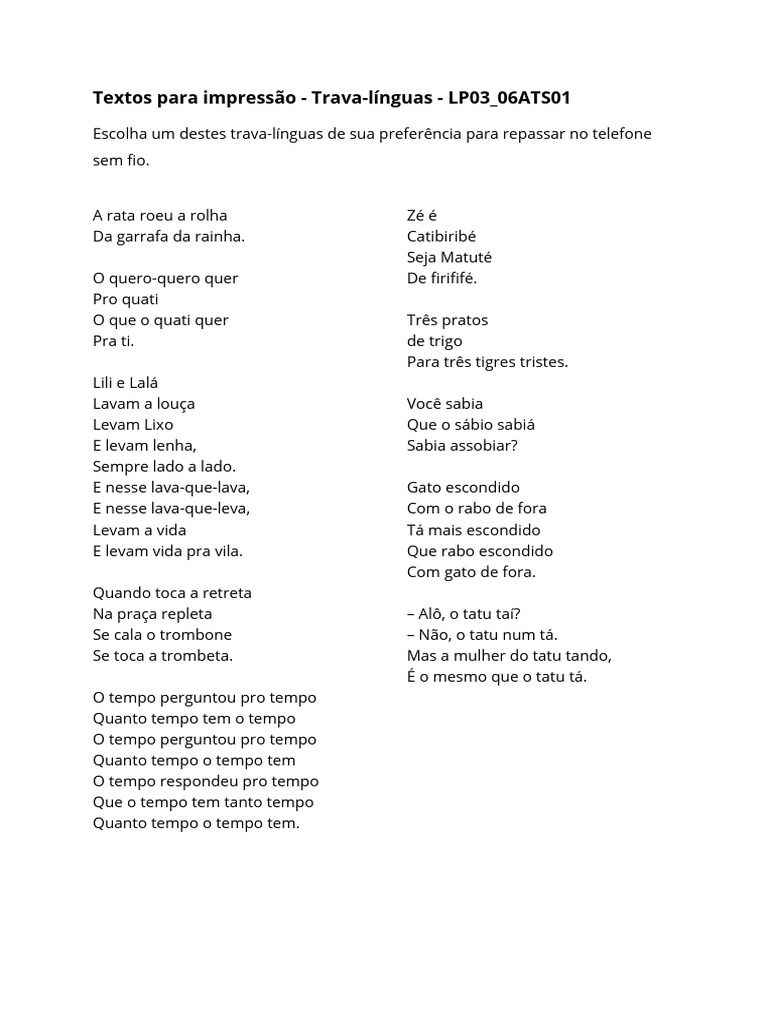Textos Para Impressao Trava Linguas Lp03 06ats01 | PDF
