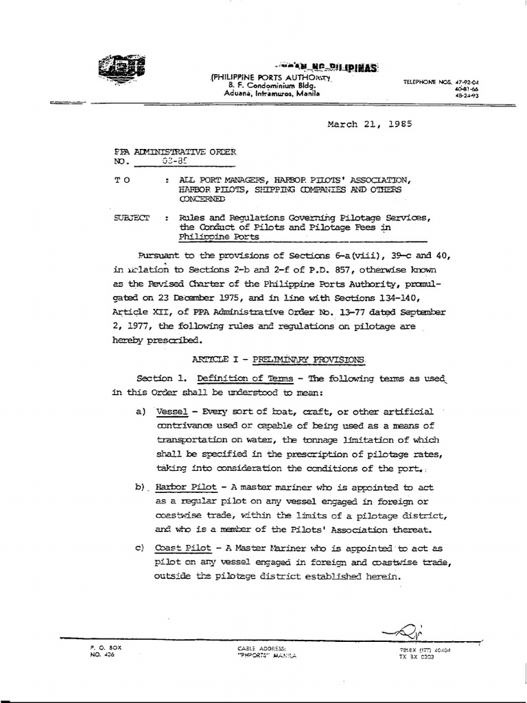Rules Regulations Governing Pilotage Services The Conduct of Pilots ...