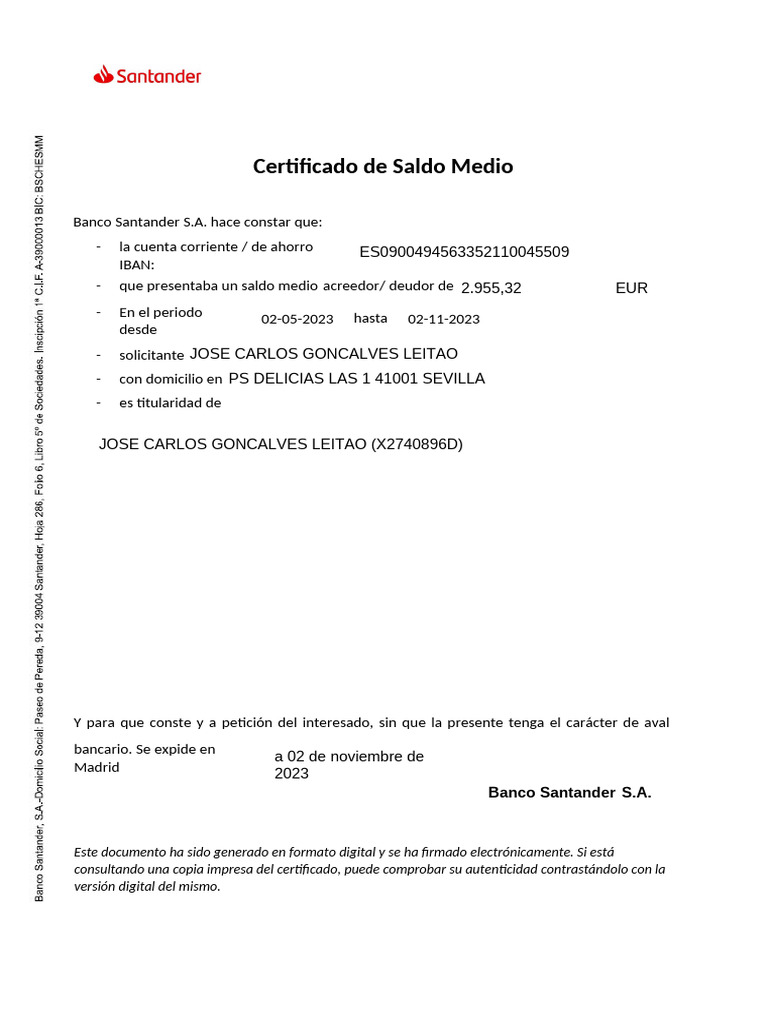 Certificado Saldo Medio Santander | PDF