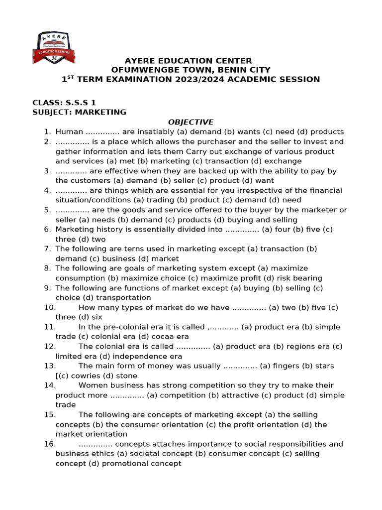 Marketing Concepts and Eras Exam | PDF | Marketing | Market (Economics)