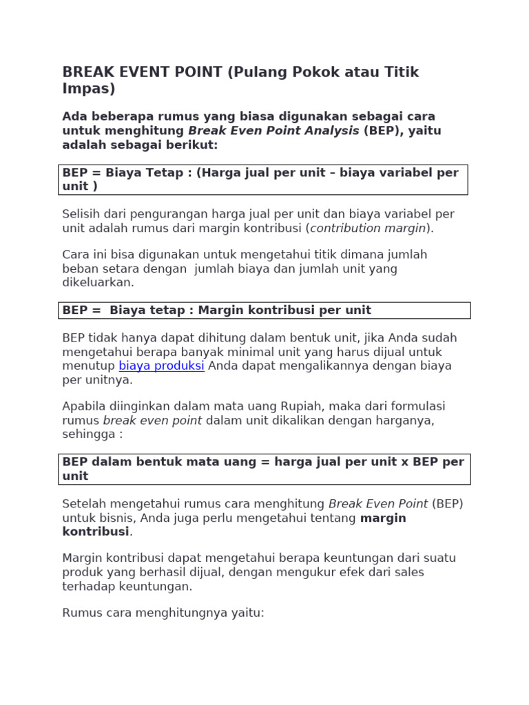 BREAK EVENT POINT (Pulang Pokok Atau Titik Impas) | PDF