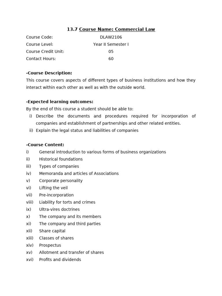 Commecial Law Course Outline | PDF