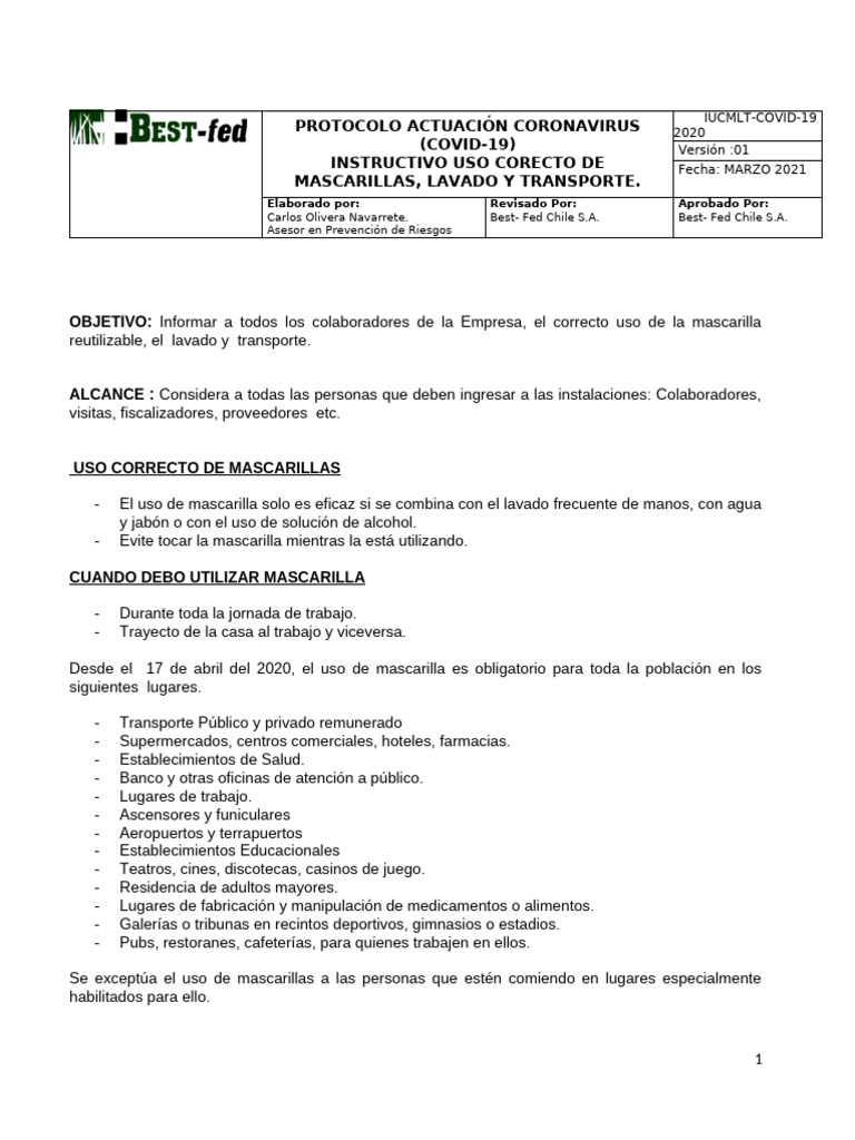 INSTRUCTIVO USO CORRECTO DE MASCARILLA LAVADO Y TRANSPORTE BEST FED | PDF