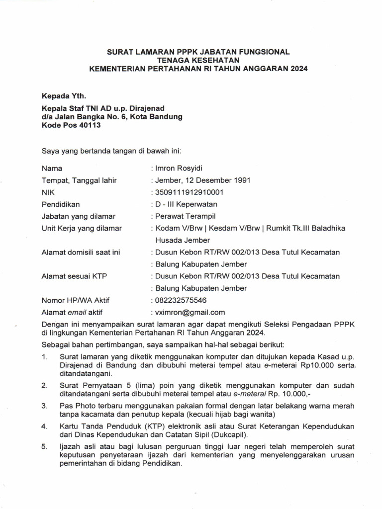 Surat Lamaran _ Imron Rosyidi Materai | PDF