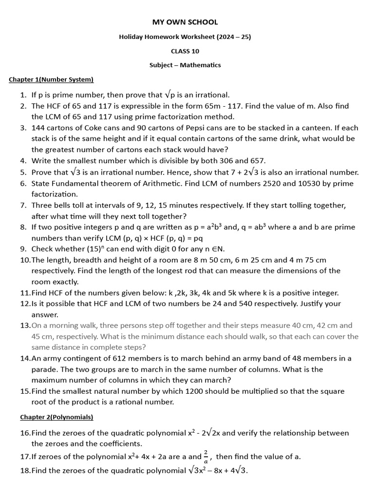 Maths Summer Holiday Homework (2024 - 25) | PDF | Polynomial | Numbers