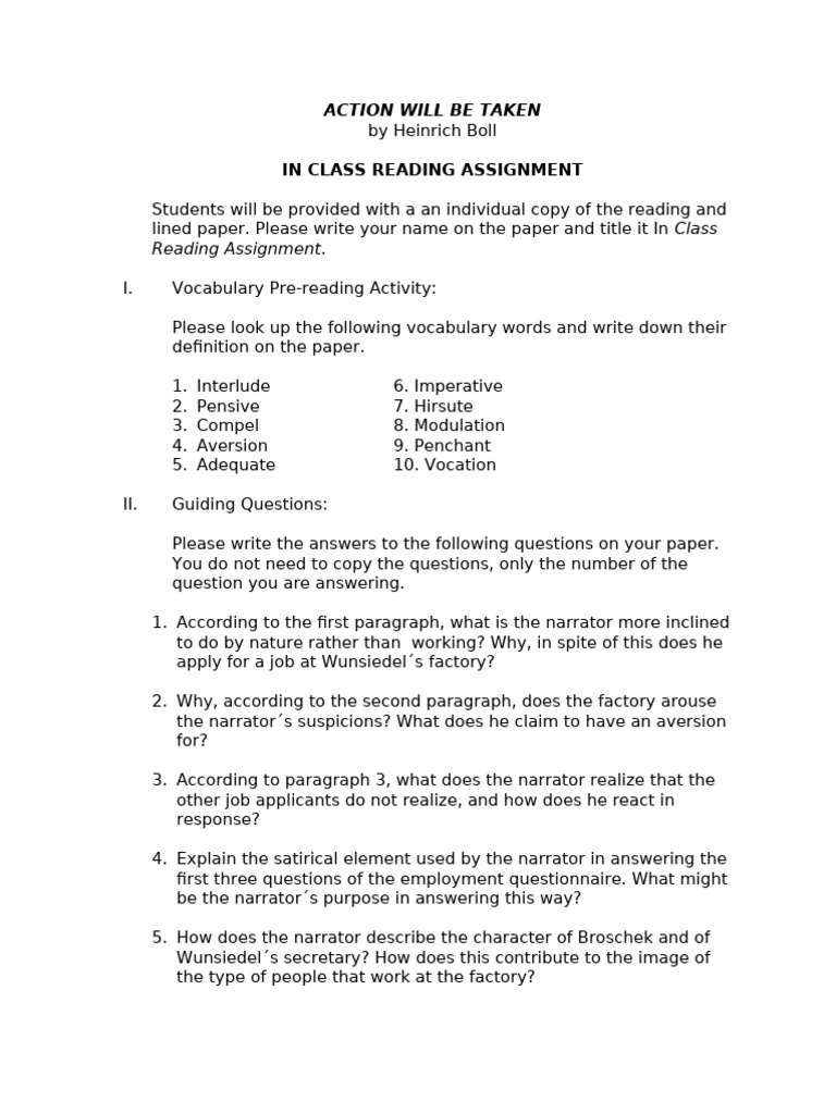 ACTION WILL BE TAKEN in Class Assignment | PDF